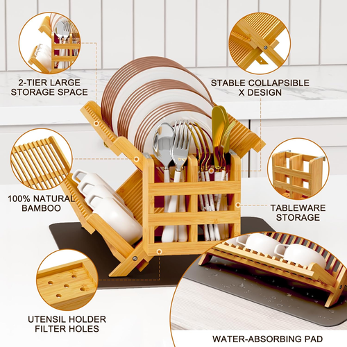 Bamboo Dish Drying Rack with Utensil Holder, 2 Tier Collapsible Dish ...