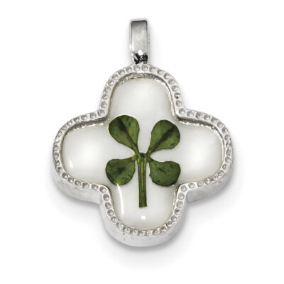 Sterling Silver Platinum Plated Real Clover Epoxy & Shell Pendant ...
