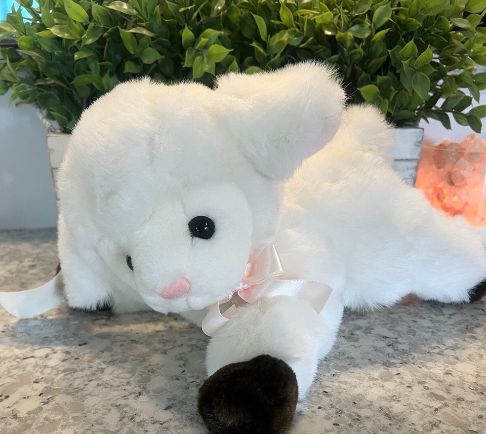 Vtg MARY MEYER Sheep lamb plush toy SUPER soft/fuzzy white pink bow ...