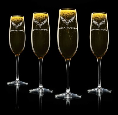 C7 Corvette 8 Oz Champagne Flutes 4pc w/Crossed Flags & Stingray Script ...