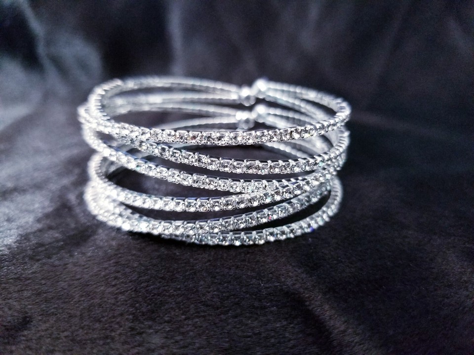 Silver Rhinestone Cuff Bangle Bracelet Crystal Jewelry Prom Pageant ...