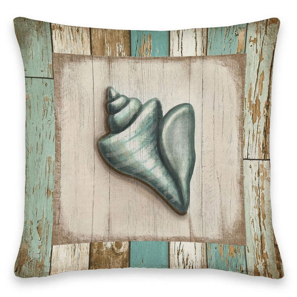 18" Ocean Shell Starfish Sea Conch Throw Pillow Covers Wooden Board ...