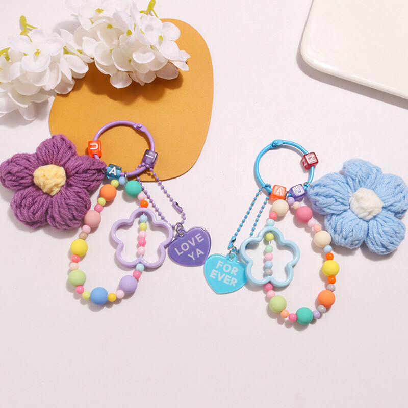 Cartoon Wool Knitted Flowers Key Chains Beaded Wristlet Lanyard ...