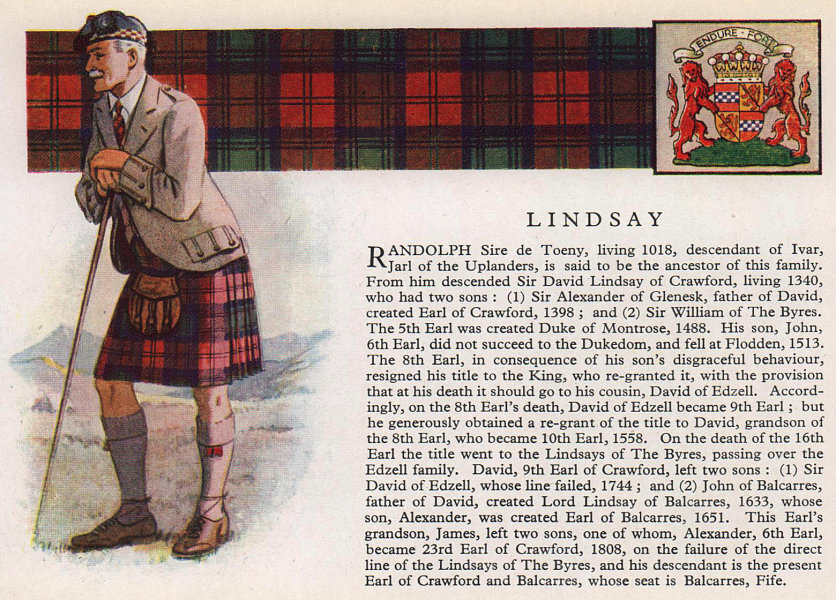 Lindsay. Scotland Scottish clans tartans arms 1957 old vintage print ...