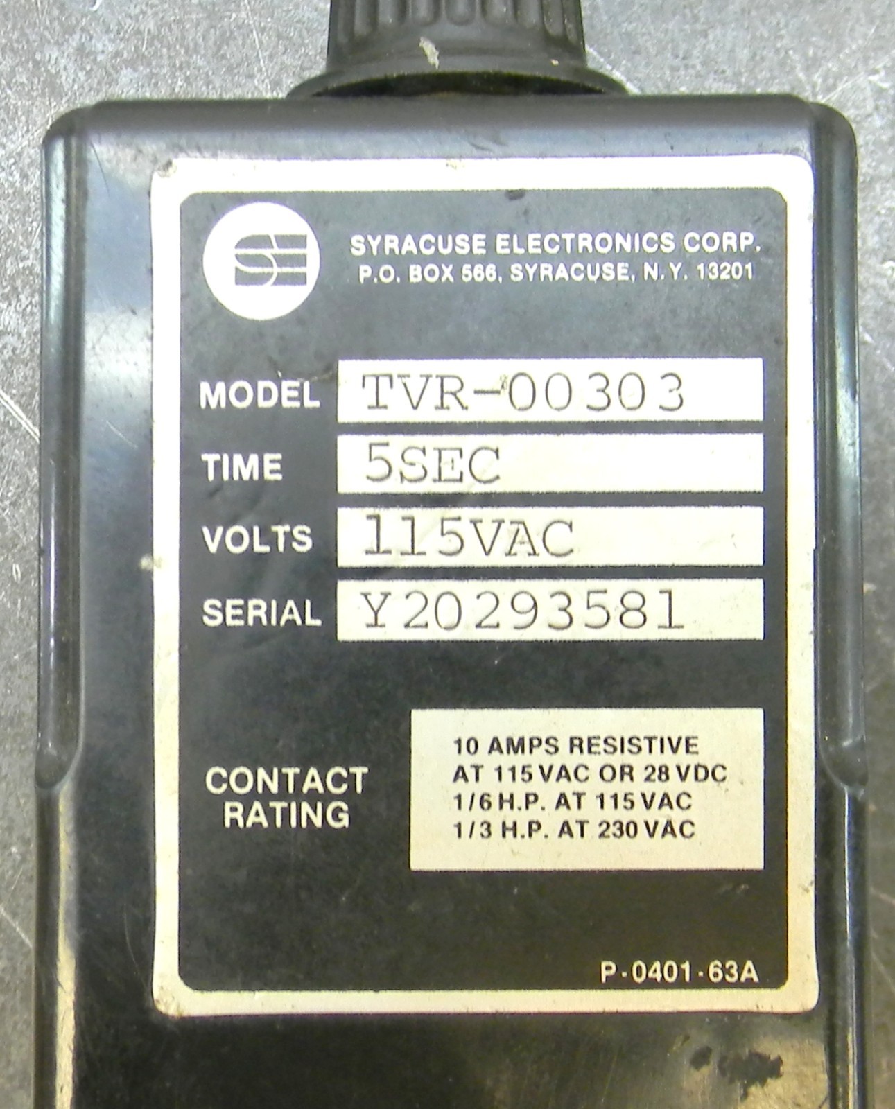 Syracuse Electronics Corp TVR-00303 5 Sec 115 Vac Timer | eBay
