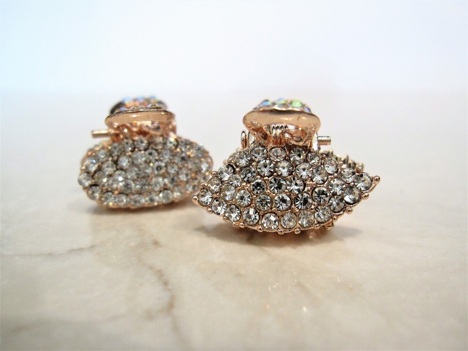 Tiny mini rose gold metal oval or leaf shaped hair claw clips with ...