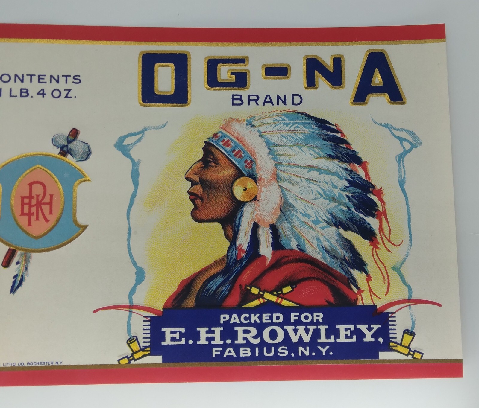 Maïs sucré de marque OG-NA, boîte vintage étiquette chef indien fumeur ...