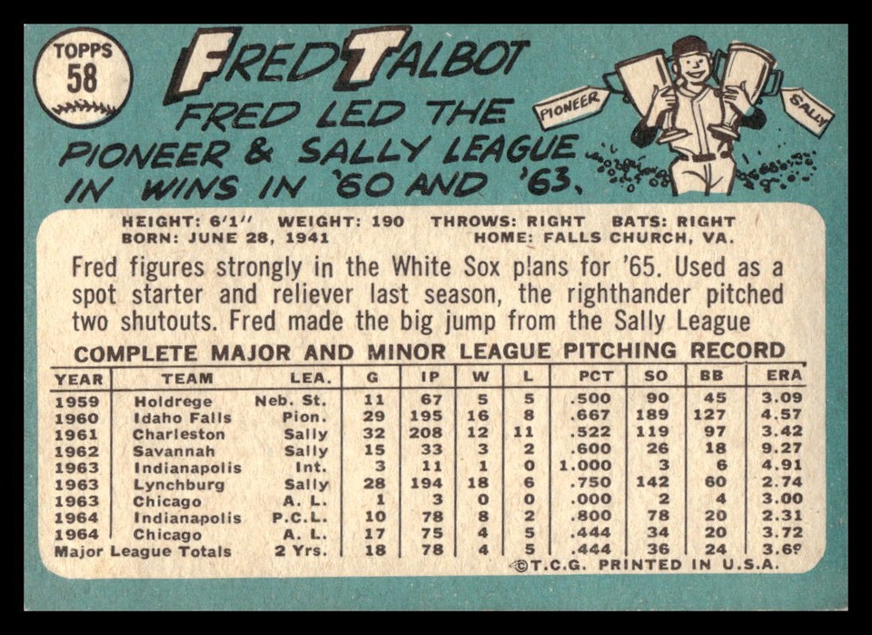 1965 Topps Fred Talbot #58 Chicago White Sox Baseball Card | eBay