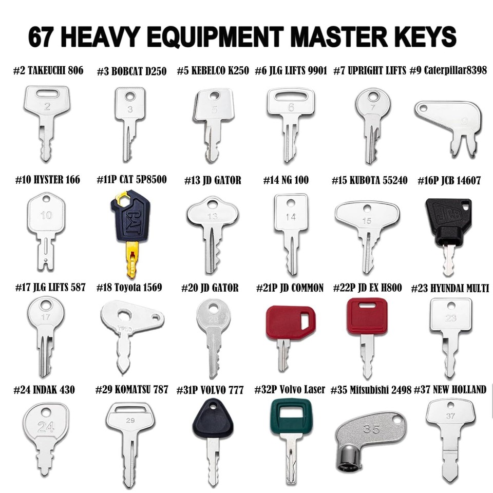 67 Heavy Equipment Master Keys Set Bobcat JD Case JCB Hyster Komatsu ...