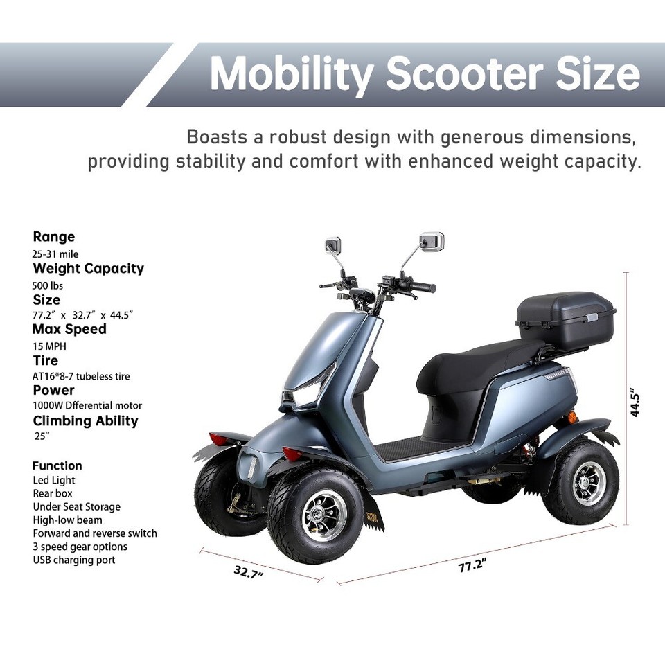 Heavy Duty 4 Wheel Mobility Scooter 1000W Motor 3-Speed 31 Mile for ...