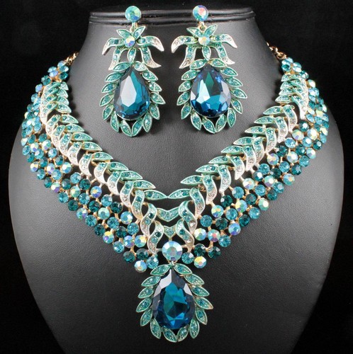 Vine Leaves Teal Austrian Rhinestone Statement Necklace Earrings Set ...