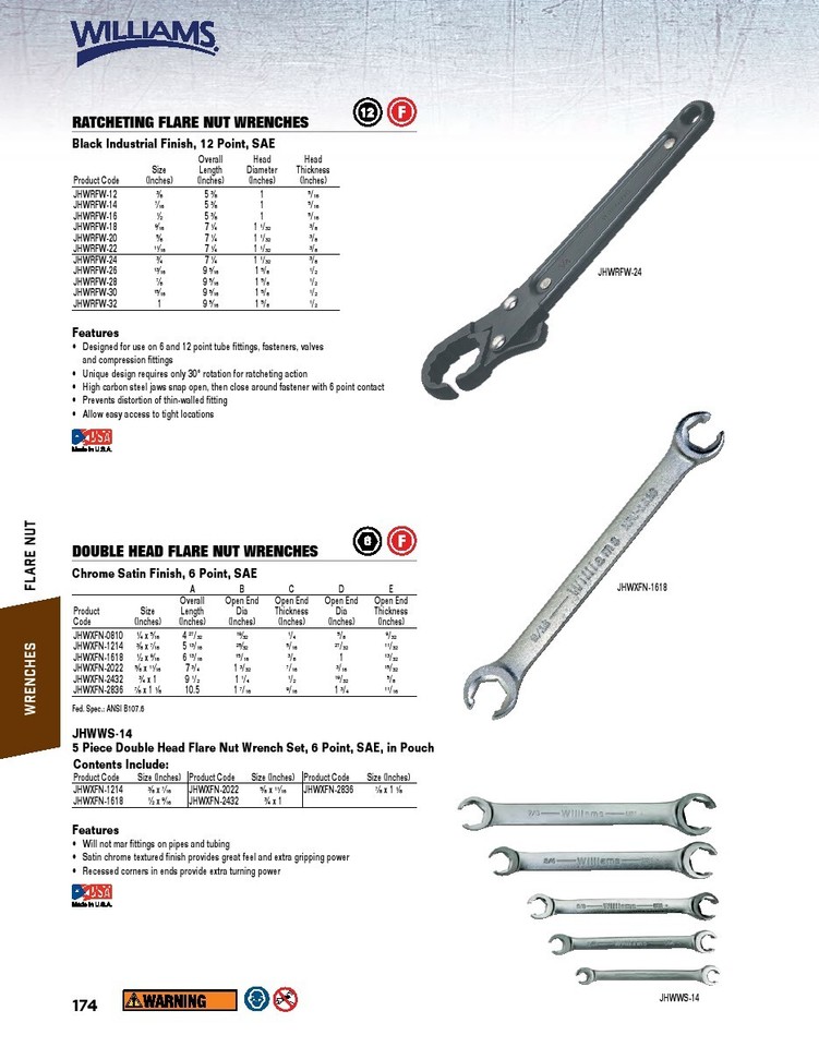 7/8" Ratcheting Flare Nut Wrench 12 Point, 9-5/16" Long. Williams USA ...