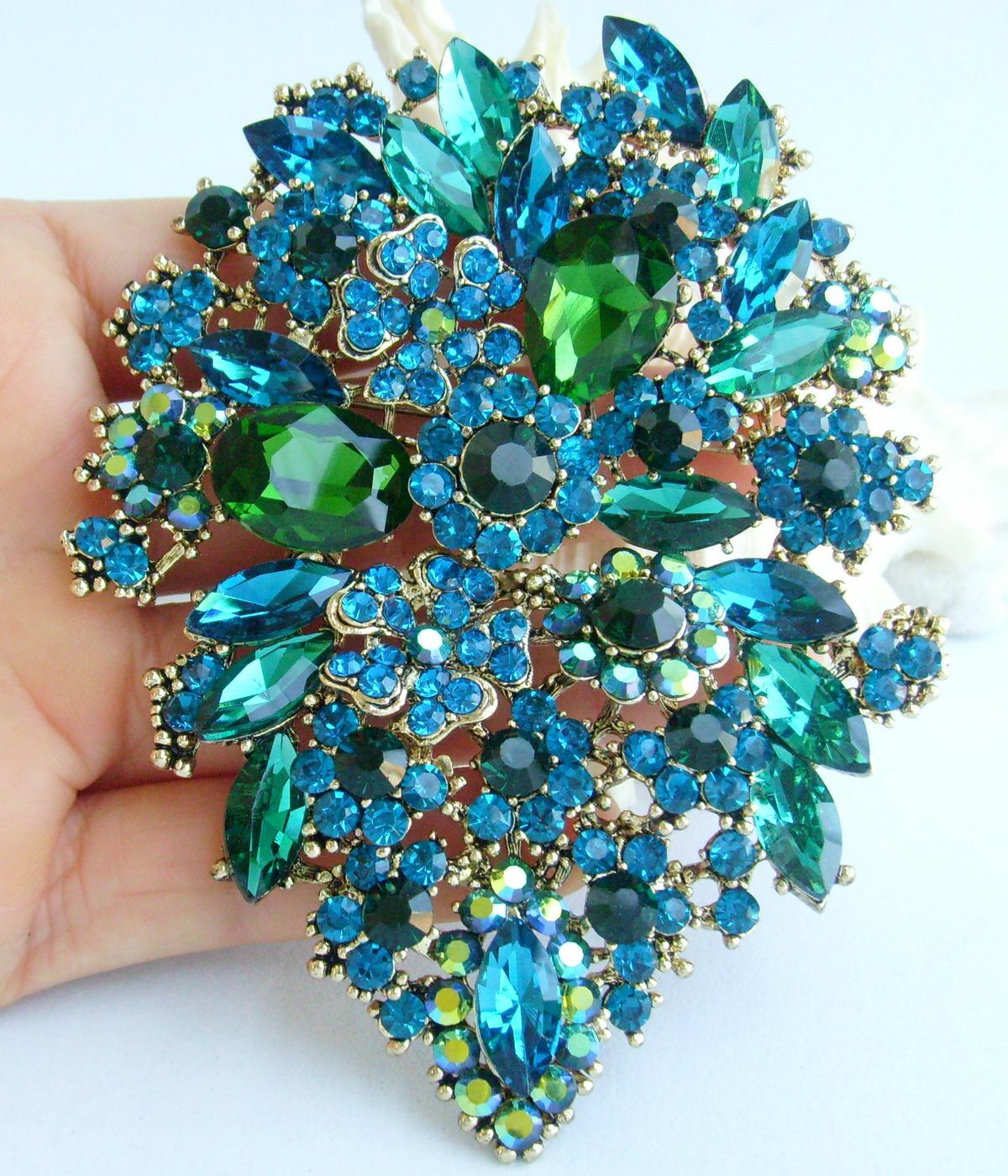Gorgeous 4 Inch Rhinestone Crystal Flower Floral Leaf Brooch Pin ...