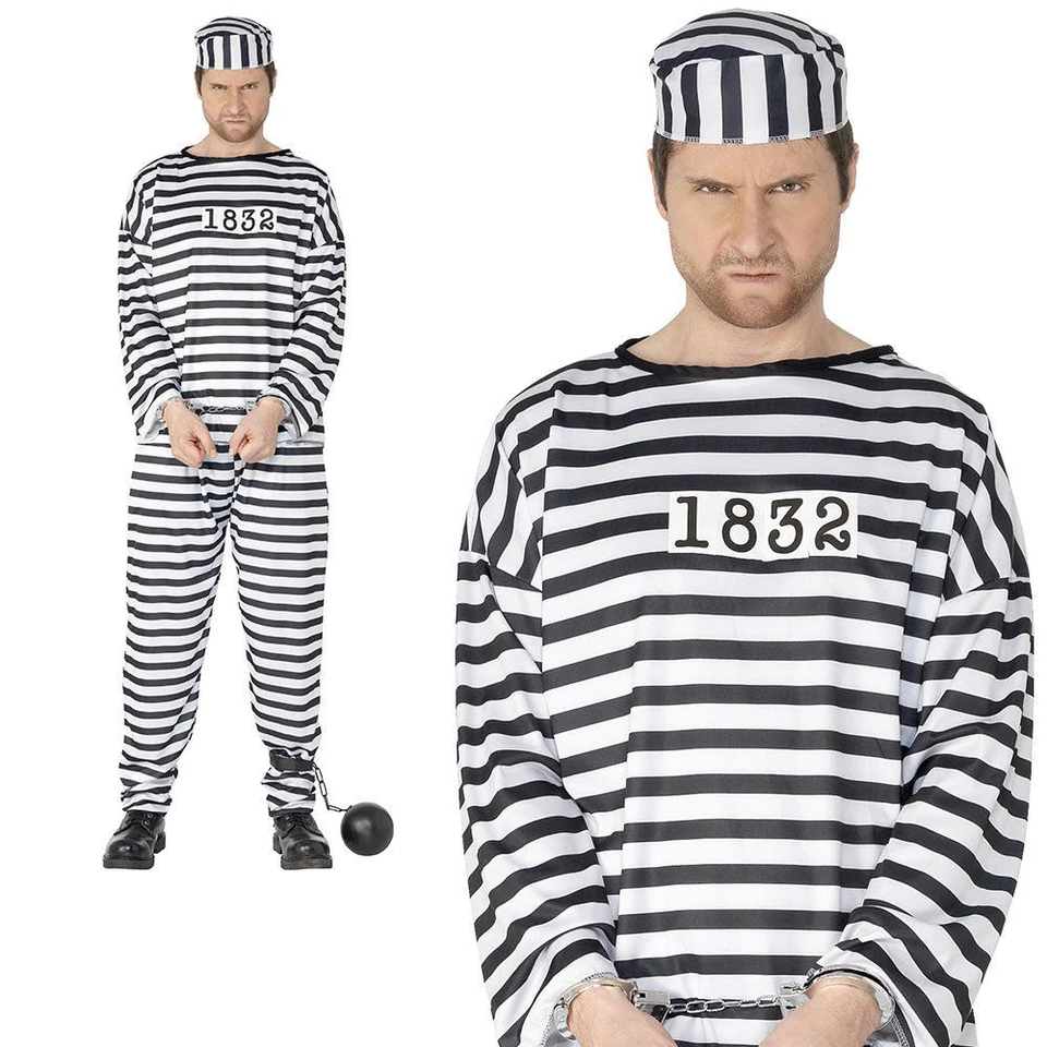 Adult Mens Convict Costume Robber Prisoner Police Stag Party Fancy ...