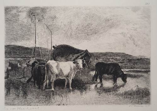Emile Van-Marke: Cows to The Drinker, Engraving Signed, Durand Ruel ...