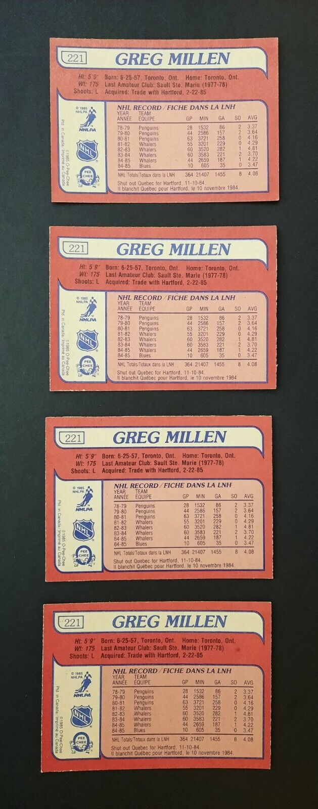 1985-86 O-Pee-Chee #221 Greg Millen 4 Card Lot NM-MINT St. Louis Blues ...