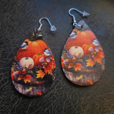 Fall/Autumn Harvest Pumpkins and Leaves Faux Leather Teardrop Shaped ...