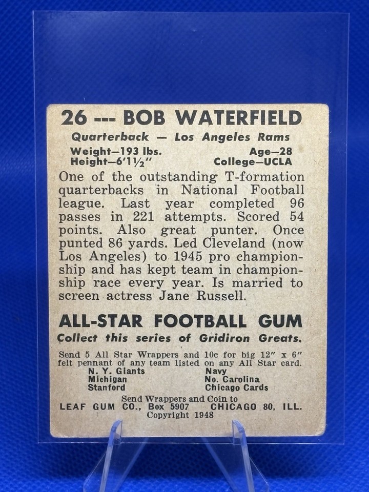 1948 Leaf Gum #26 Bob Waterfield White Name RC | eBay