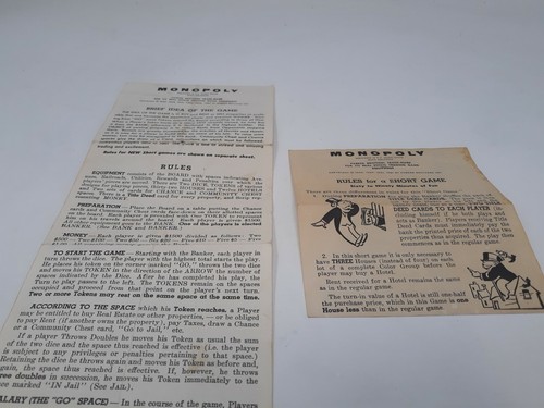 Vintage 1961 Monopoly Board Game Replacement Directions / Instructions ...