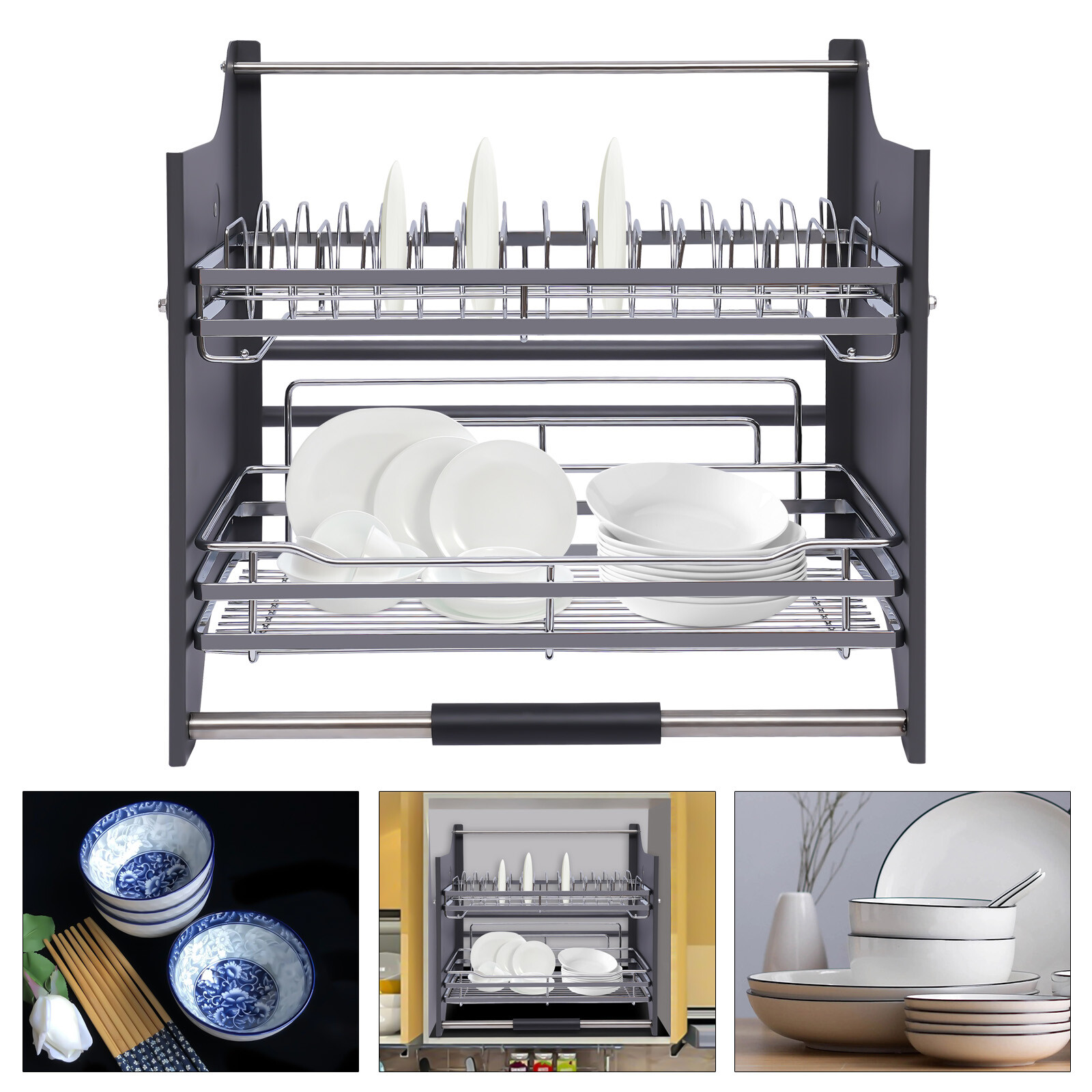 Stainless 2 Tier Pull Down Storage Shelf Dish Organizer Kitchen Dish ...