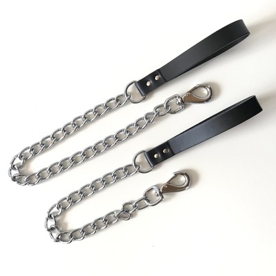 2 Lengths Silver Chain Dog Lead Heavy Duty with Real Leather Handle ...