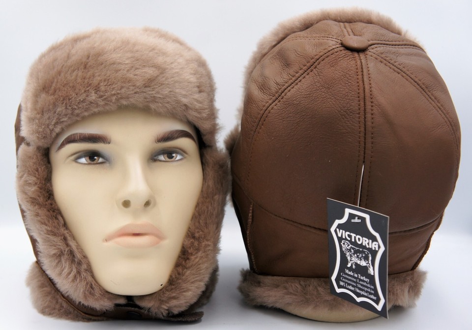 100% Sheepskin Shearling Leather Hat Trapper Ushanka Hunting M-3XL ...