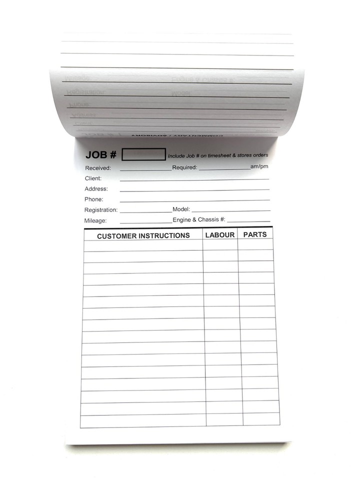 Garage Workshop Repair Job Card Works Cards Job Sheet Pad MOT 50 Cards ...