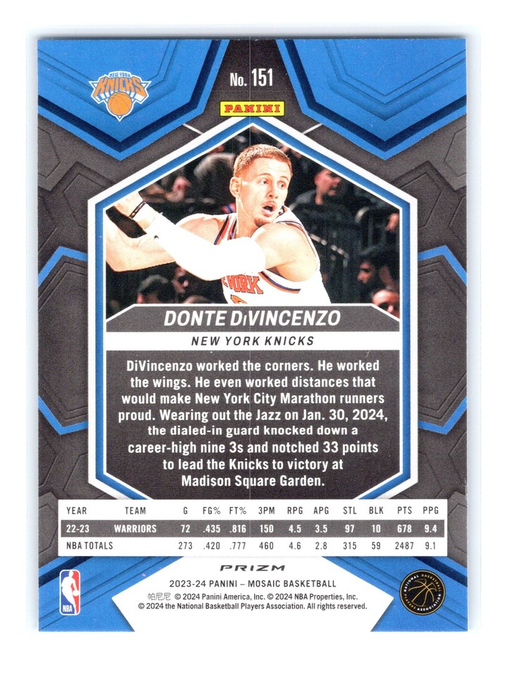 2023-24 Mosaic Basketball #151 Donte DiVincenzo Reactive Blue Prizm ...