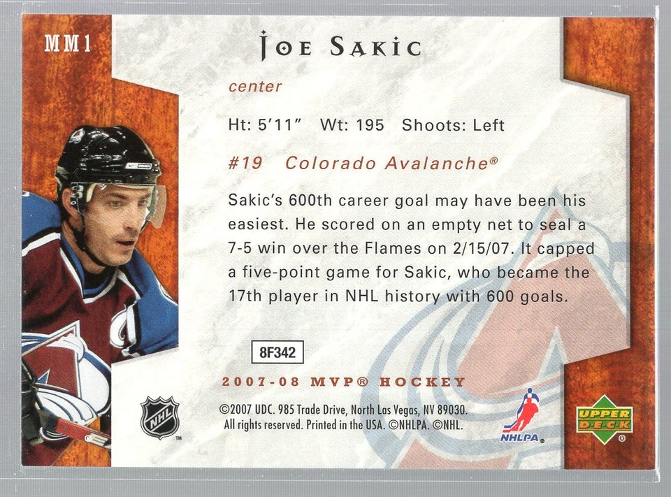 * 2007-08 Upper Deck MVP - Monumental Moments #MM01 - JOE SAKIC | eBay