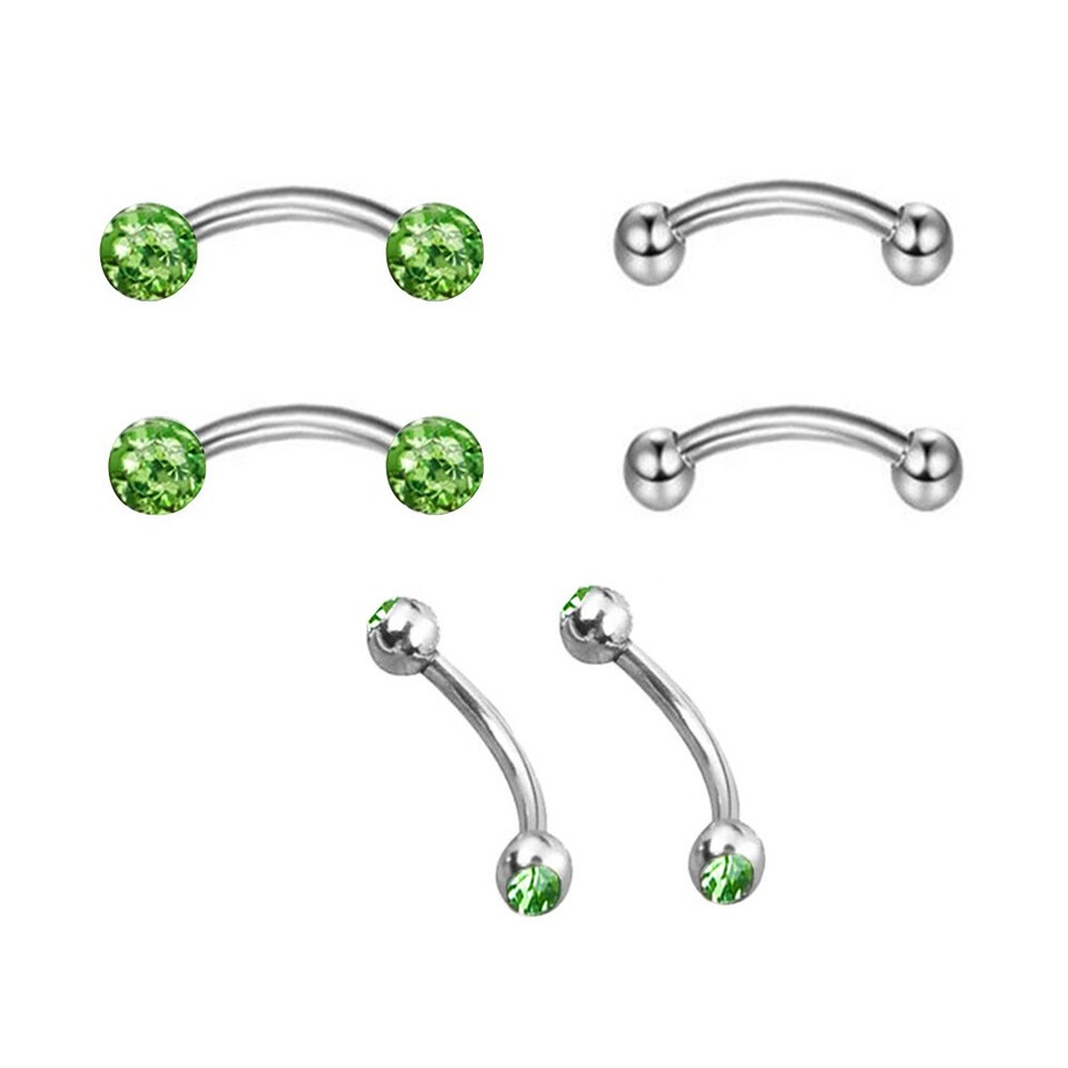 6pc Steel Crystal Ball Barbell Curved Eyebrow Ring Bar Body Piercing ...