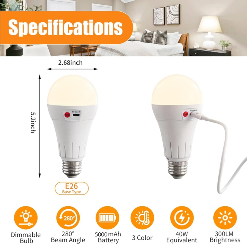 Rechargeable Battery Operated Light Bulbs w/Remote Wireless E26 LED ...