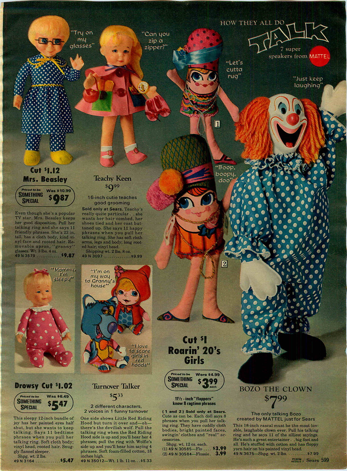 1970 PAPER AD Doll Mattel Bozo Clown Furga Angela Catina Nora Simone ...