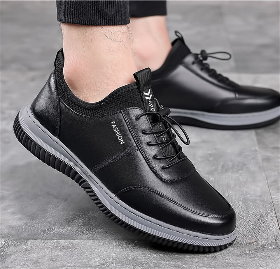 Fashion Men Shoes Leather Sneakers Mens Shoes Casual Lace Up Black | eBay