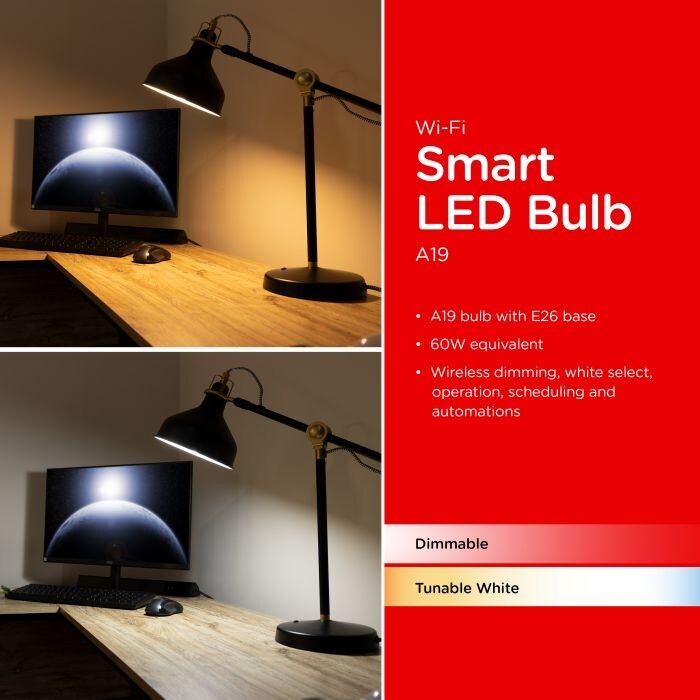 UltraPro WiFi Tunable White Smart LED Light Bulb, 60W, Dimmable, A19, 2 ...