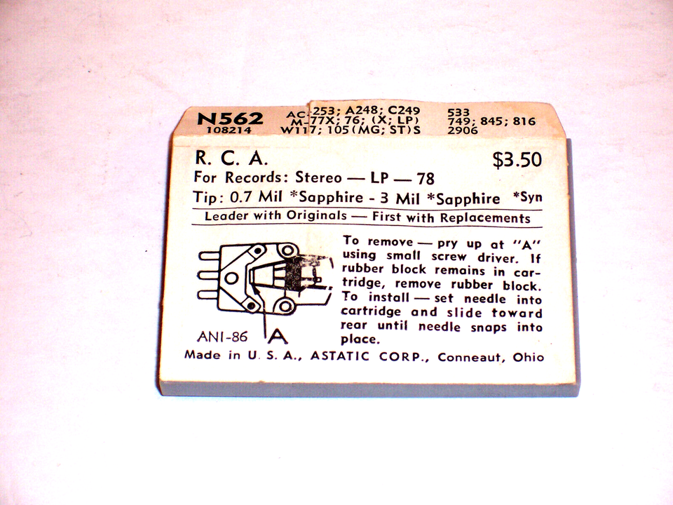 NIB / NOS ASTATIC N562 RCA STYLUS | eBay