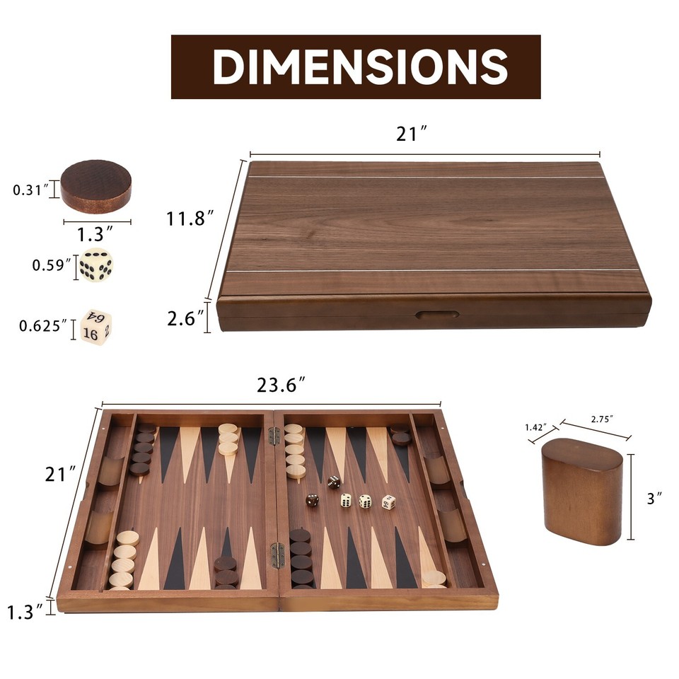 21" Large Wood Backgammon Board Game Set.Inlay Double Stripe Board w ...