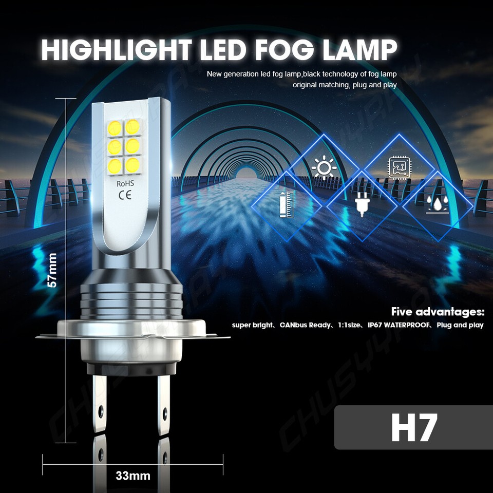 4x H7 10000K LED Headlight Kit High Low Beam Bulbs 3300000LM White ...
