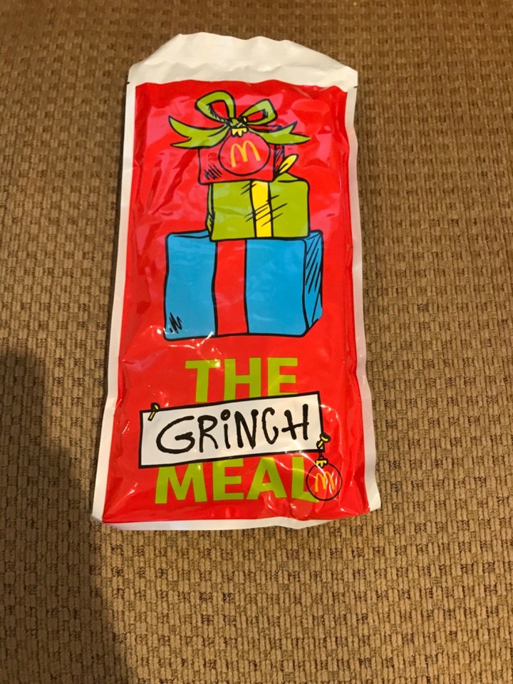 McDonalds Grinch Adult Happy Meal box, socks unopened, bag and salt ...