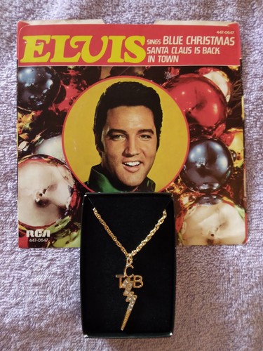 ELVIS PRESLEY TCB GOLD PLATED RHINESTONE NECKLACE&BLUE CHRISTMAS PIC ...