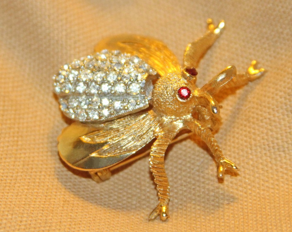 WONDERFUL SIGNED VINTAGE HAR PAVE RHINESTONE GOLD PLATED BUG PIN ...