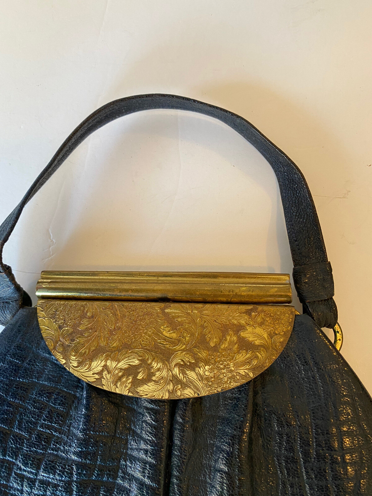 Antique 1920’s Leather Black Gold Gilt Handbag Purse … - Gem