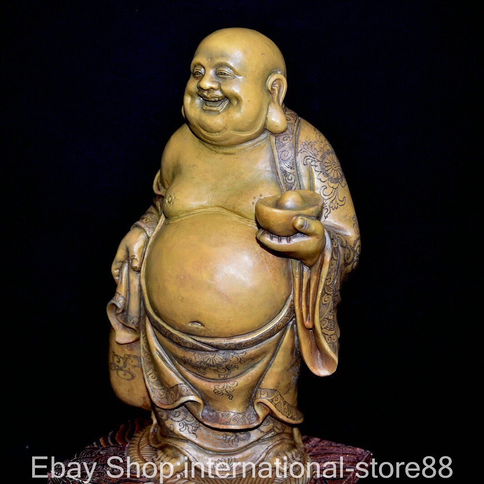 15.2" Old Chinese Shoushan Stone Carving Happy Laugh Maitreya Buddha ...