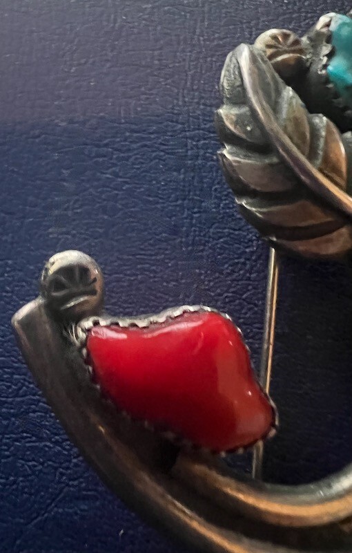 Masterpiece Zuni Cochiti Ben Eustace Pin Carved Natural Coral Turquoise ...