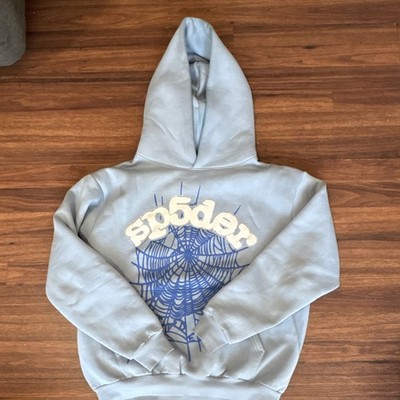 sp5der Light Blue Graphic Print Hooded Pullover Fleece Hoodie Men’s ...