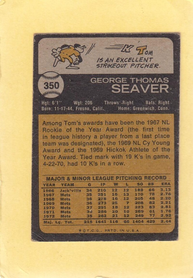 1973 Topps #350 Tom Seaver Mets VG Very Good #26290 | eBay