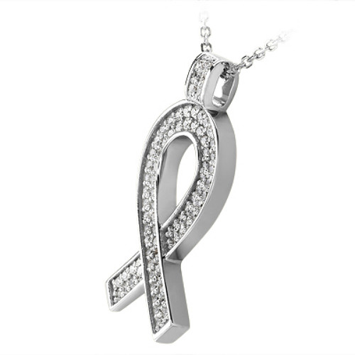 NEW 14k WHITE GOLD DIAMOND CANCER RIBBON AWARNESS PENDANT NECKLACE ...
