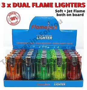 3 x FLAMEJACK LIGHTERS SET DUAL FLAME SOFT + JET FLAME WINDPROOF GAS ...