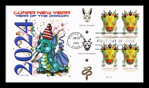 US COVER LUNAR NEW YEAR OF THE DRAGON FDC PLATE BLOCK PANDA CACHET | eBay