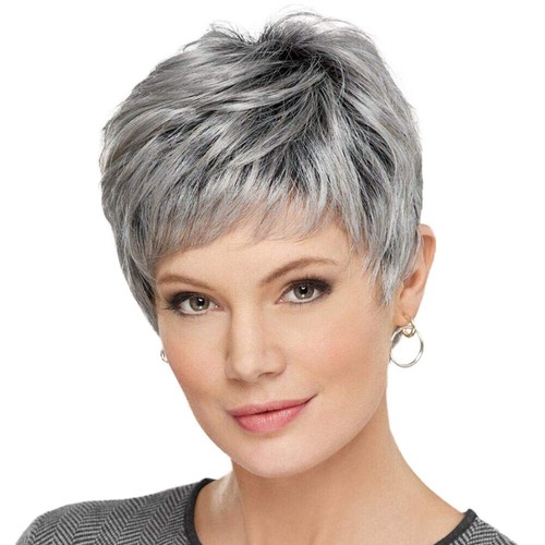 Short Layered Pixie Cut Dark Roots Gray Synthetic Hair Wigs For Women ...