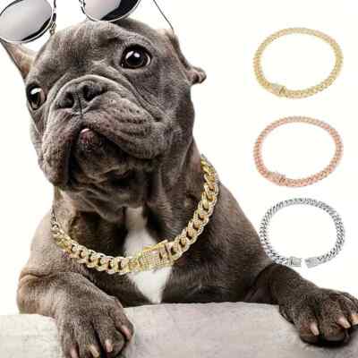 Pet Cat Dog Collar Bling Cuban Chain Gold Plated Cubic Zirconia Iced ...